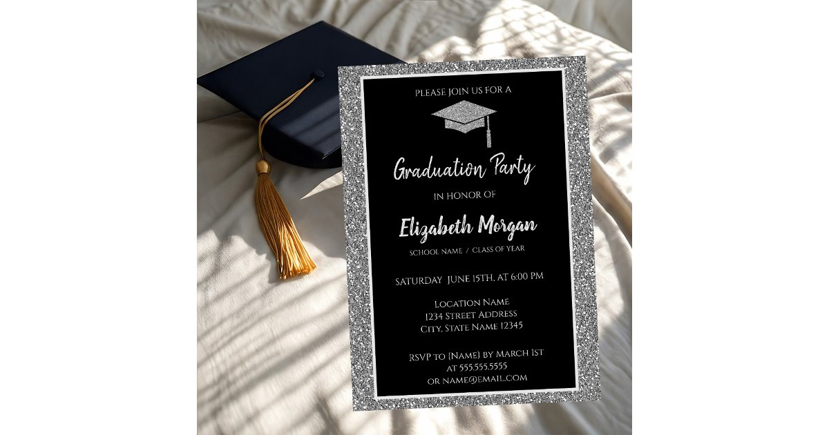 Elegant Modern Silver Glitter Graduation Cap Invitation | Zazzle