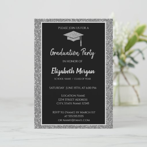 Elegant Modern Silver Glitter Graduation Cap Invitation | Zazzle