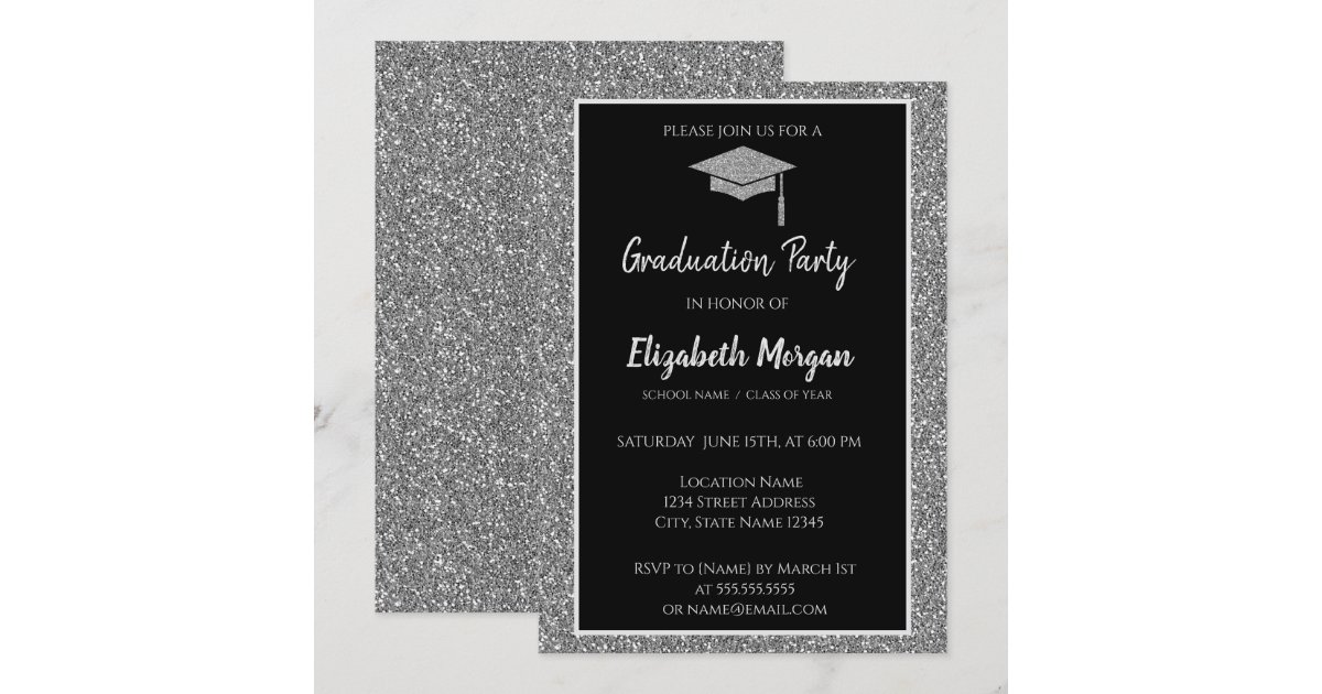 Elegant Modern Silver Glitter Graduation Cap Invitation | Zazzle