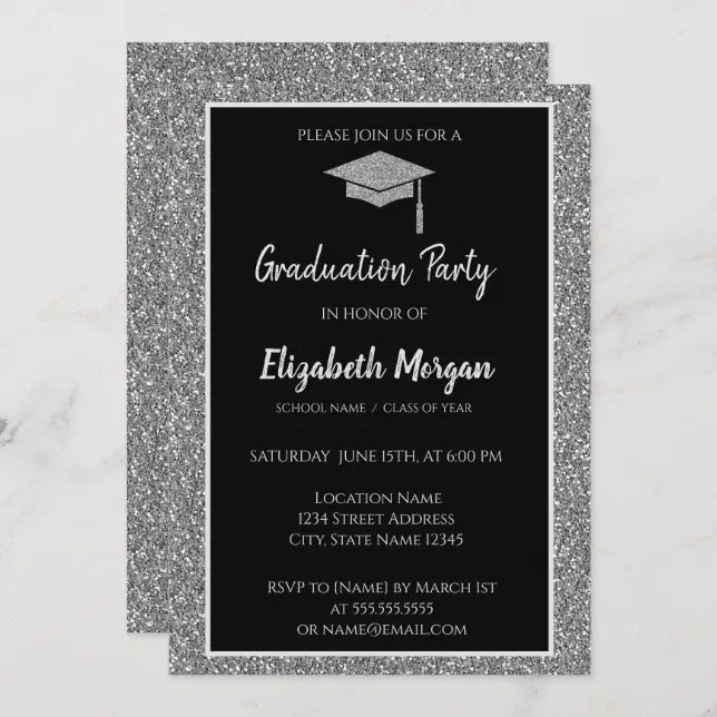 Elegant Modern Silver Glitter Graduation Cap Invitation | Zazzle