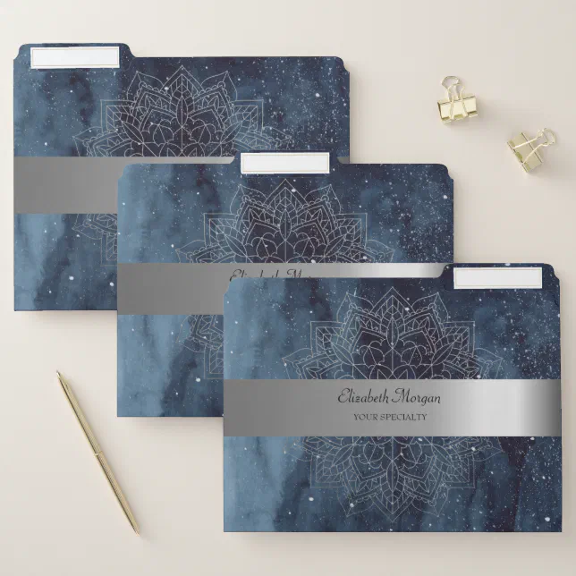 Elegant Modern Silver Mandala Stripe Navy Blue File Folder | Zazzle