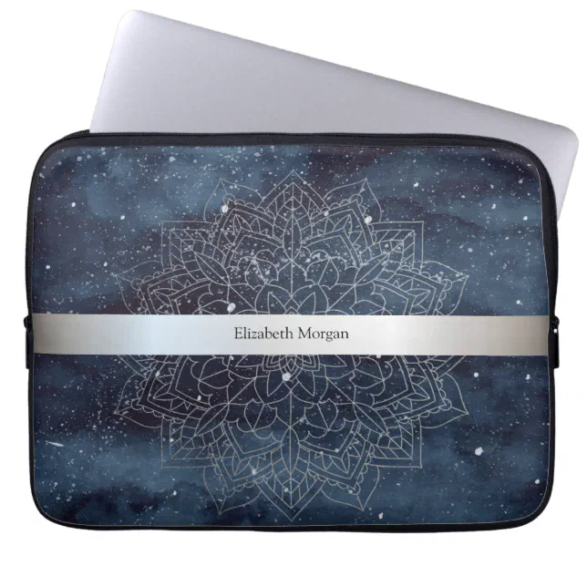 Elegant Modern Silver Mandala Stripe Navy Blue Laptop Sleeve | Zazzle