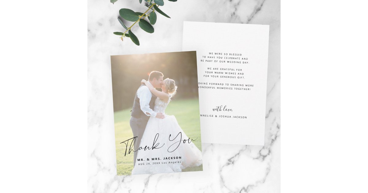 Elegant modern simple script photo wedding thank you card | Zazzle