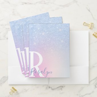 Elegant modern stylish ombre blue glitter rainbow pocket folder | Zazzle
