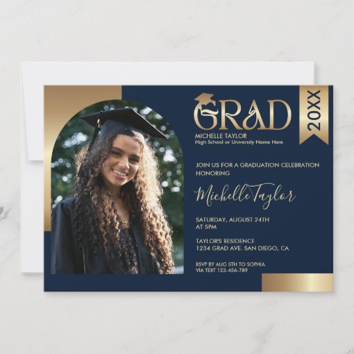Elegant Modern Stylish Photo Gold Navy Graduation Invitation | Zazzle