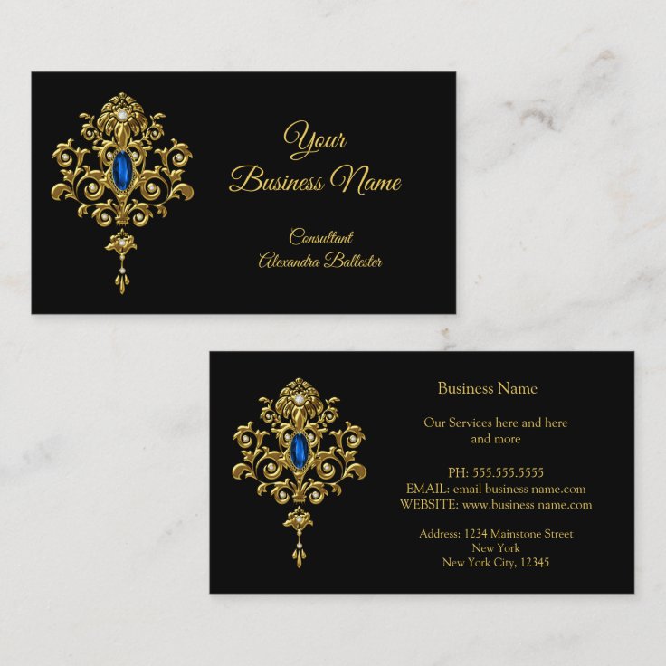 Elegant Modern Stylish Royal Blue Jewel Gold Black Business Card | Zazzle