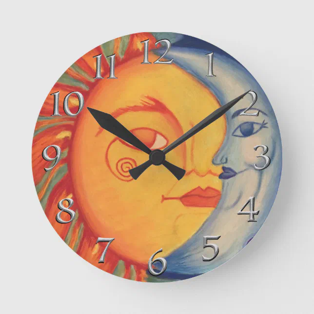 Elegant Modern Sun Moon Stone Yellow Blue Sky Round Clock | Zazzle