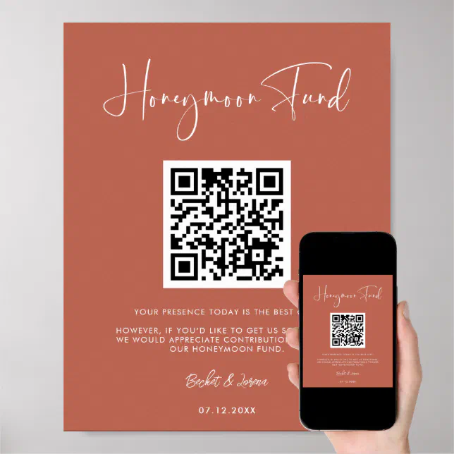 Elegant & modern terracotta Honeymoon fund QR code Poster | Zazzle