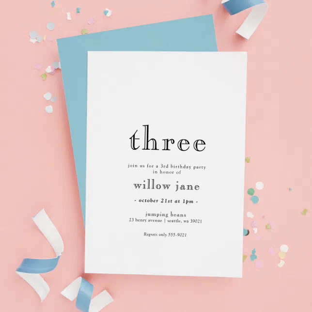 Elegant Modern Three 3rd Birthday Invitation | Zazzle