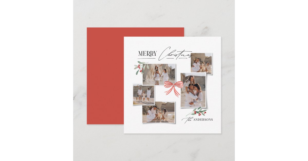 Elegant modern traditional red bow multi photo holiday card | Zazzle