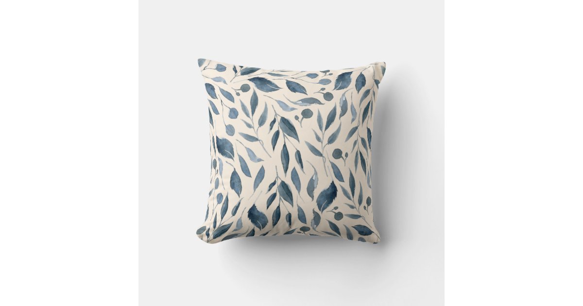 Elegant Modern Watercolor Leaves Pattern Navy Blue Throw Pillow | Zazzle