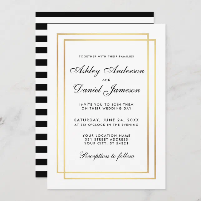 Elegant Modern Wedding Black White Striped Invite | Zazzle