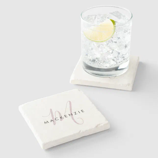 Elegant Modern White Blush Pink Script Monogram Stone Coaster | Zazzle