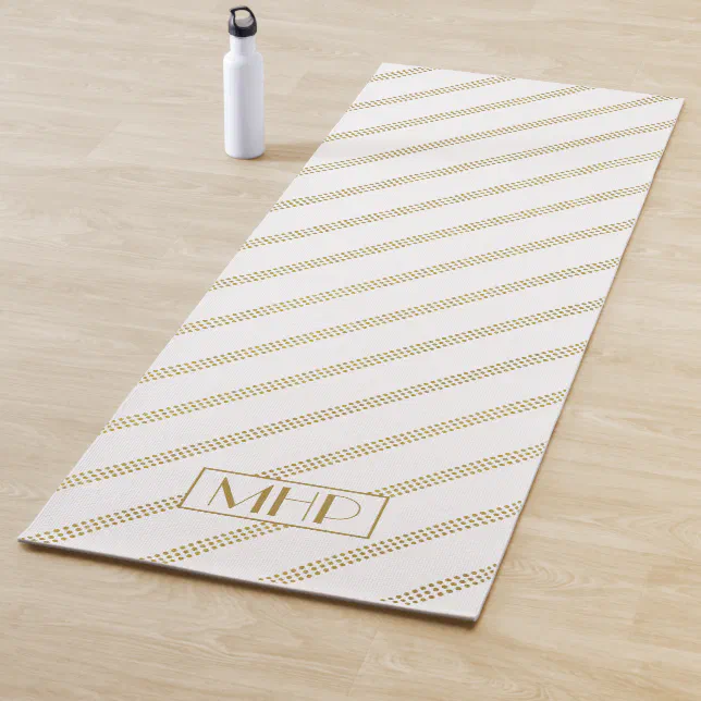 Elegant Modern White Dotted Gold Lines Monogrammed Yoga Mat | Zazzle