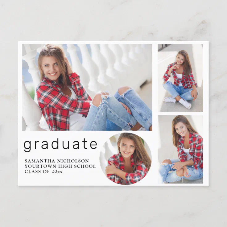 Elegant Modern White Graduation 4 Photo Collage Invitation Postcard ...