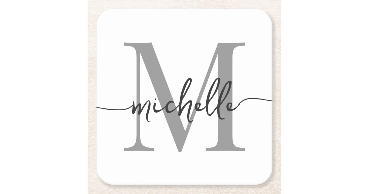 Elegant Modern White Gray Monogram Name Script Square Paper Coaster ...
