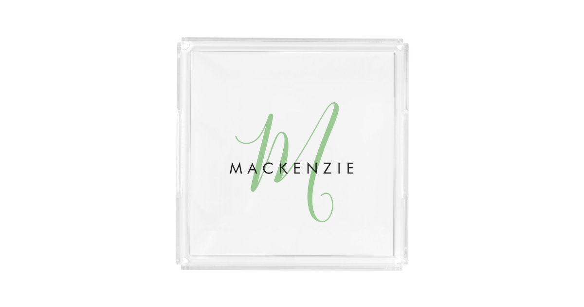 Elegant Modern White Green Script Monogram Acrylic Tray | Zazzle