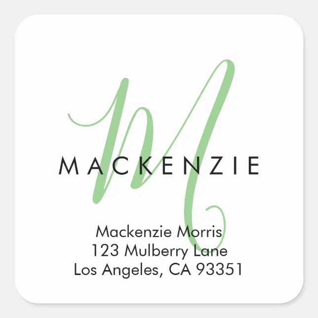 Elegant Modern White Green Script Monogram Square Sticker | Zazzle