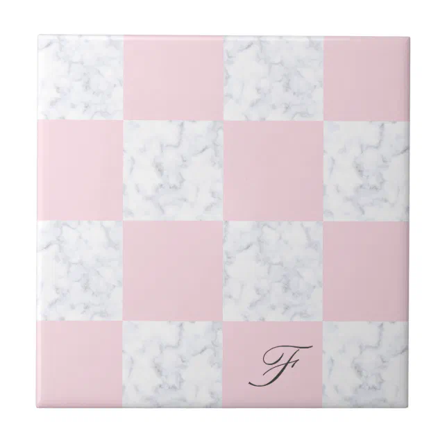 Elegant modern white marble pink checkered ceramic tile | Zazzle
