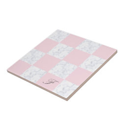 Elegant modern white marble pink checkered ceramic tile | Zazzle