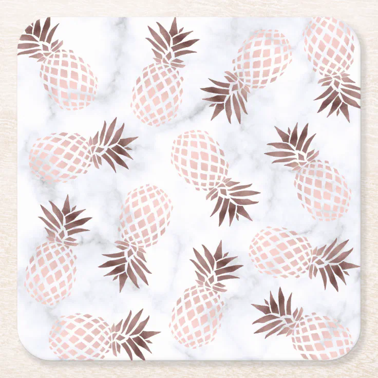 elegant modern white marble rose gold pineapple square paper coaster ...