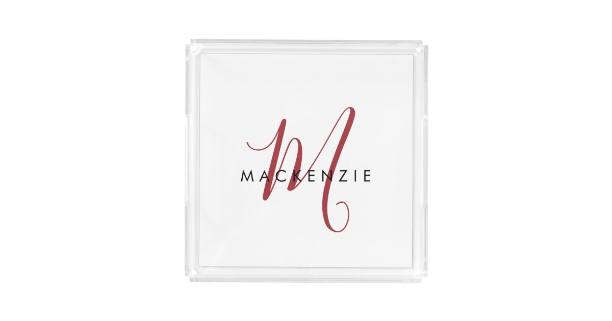 Elegant Modern White Red Script Monogram Acrylic Tray | Zazzle
