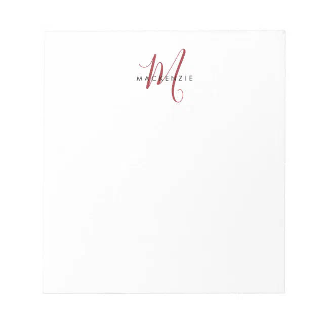 Elegant Modern White Red Script Monogram Notepad | Zazzle