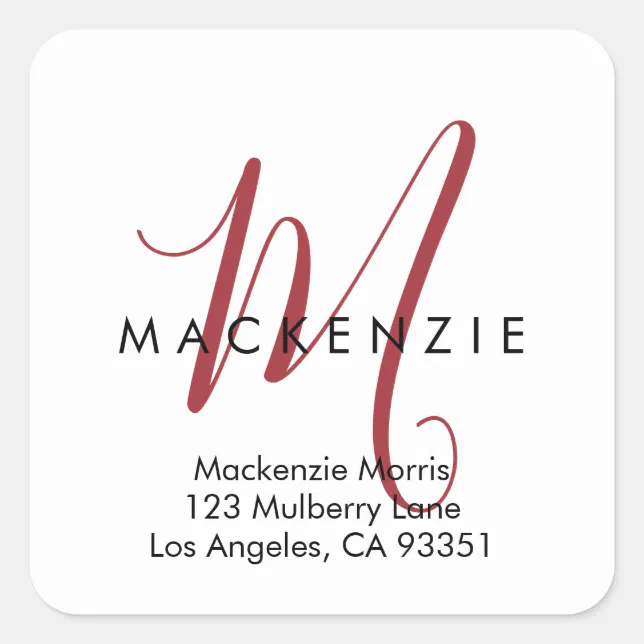 Elegant Modern White Red Script Monogram Square Sticker | Zazzle