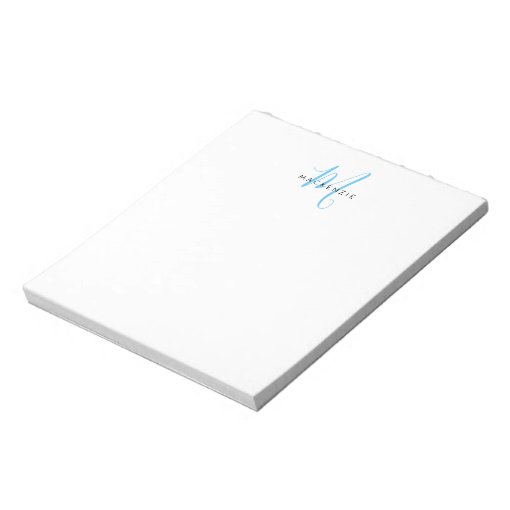 Elegant Modern White Sky Blue Script Monogram Notepad | Zazzle