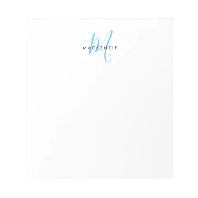 Elegant Modern White Sky Blue Script Monogram Notepad | Zazzle