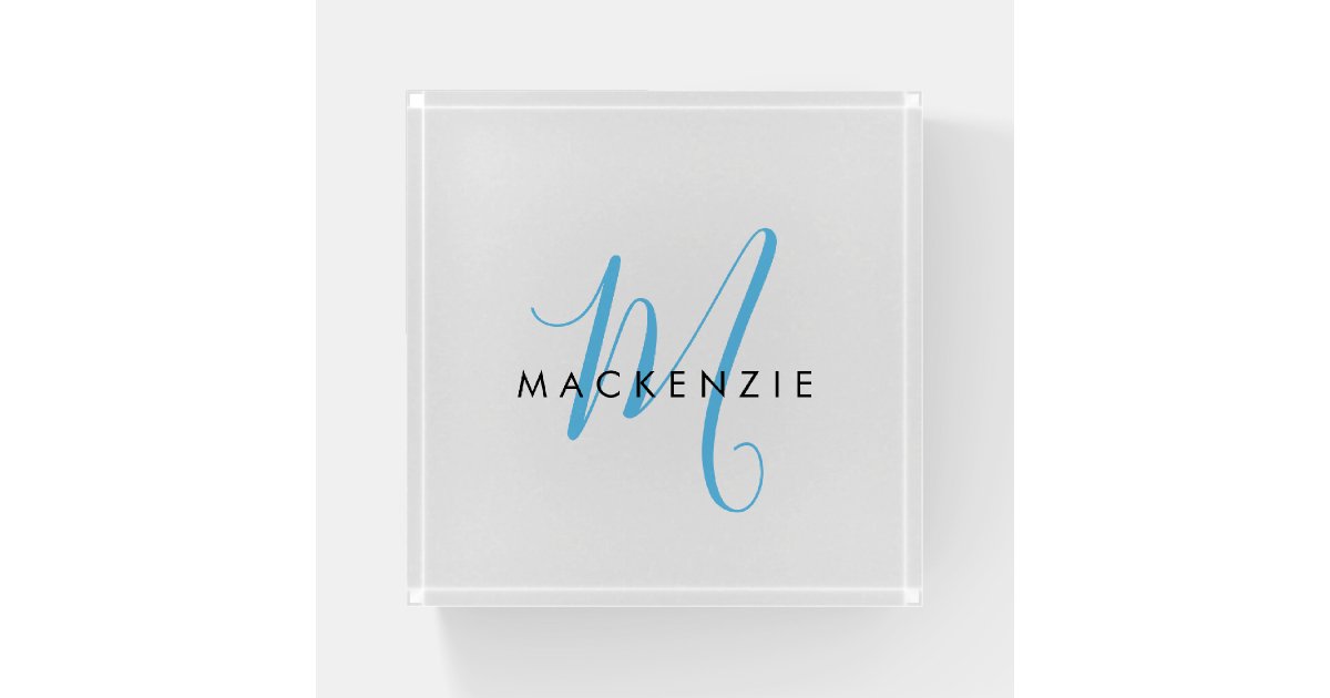 Elegant Modern White Sky Blue Script Monogram Paperweight | Zazzle