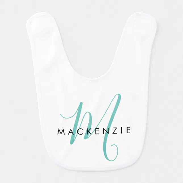 Elegant Modern White Teal Script Monogram Baby Bib | Zazzle