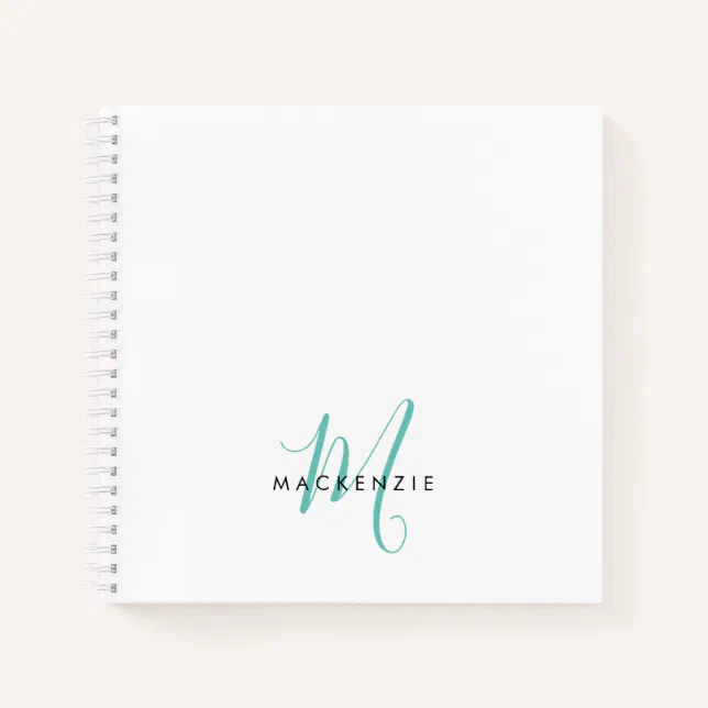 Elegant Modern White Teal Script Monogram Notebook | Zazzle