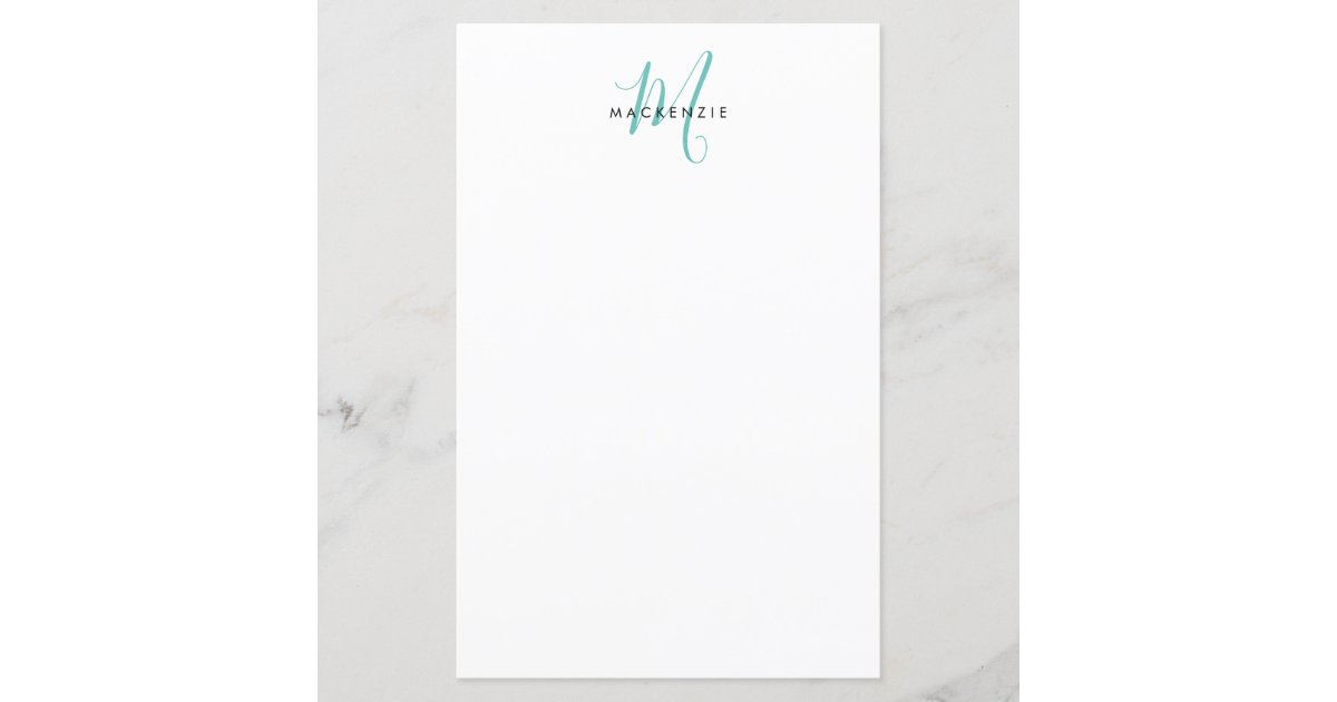 Elegant Modern White Teal Script Monogram Paper | Zazzle