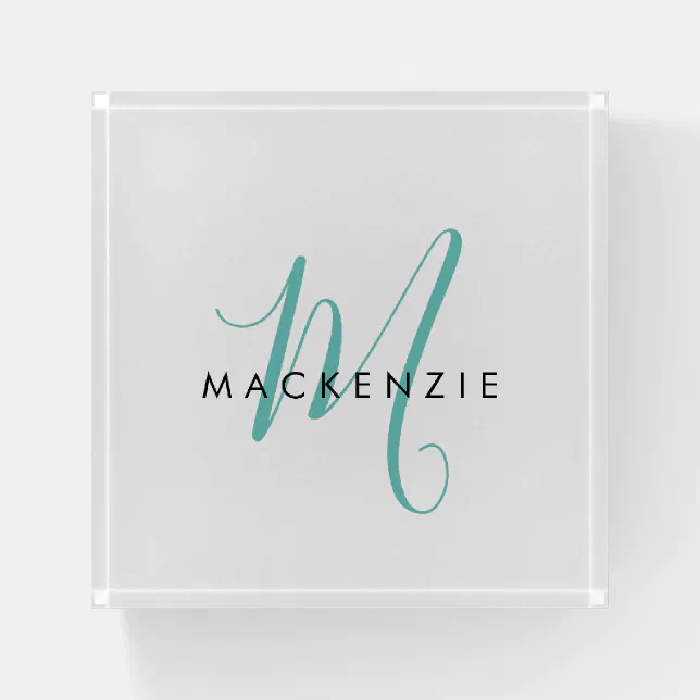 Elegant Modern White Teal Script Monogram Paperweight | Zazzle