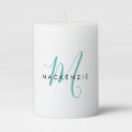 Elegant Modern White Teal Script Monogram Pillar Candle | Zazzle