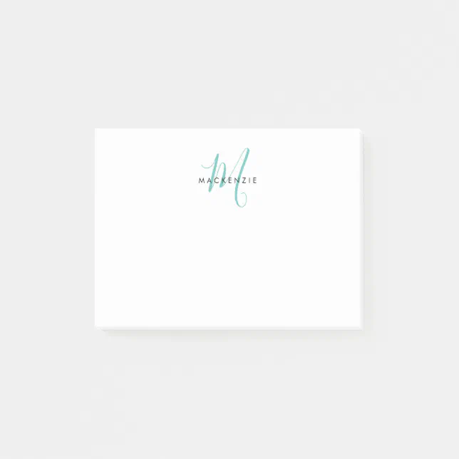 Elegant Modern White Teal Script Monogram Post-it Notes | Zazzle