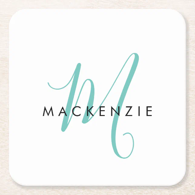 Elegant Modern White Teal Script Monogram Square Paper Coaster | Zazzle
