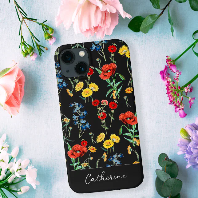 Elegant Modern Wildflowers Name on Black Case-Mate iPhone Case | Zazzle