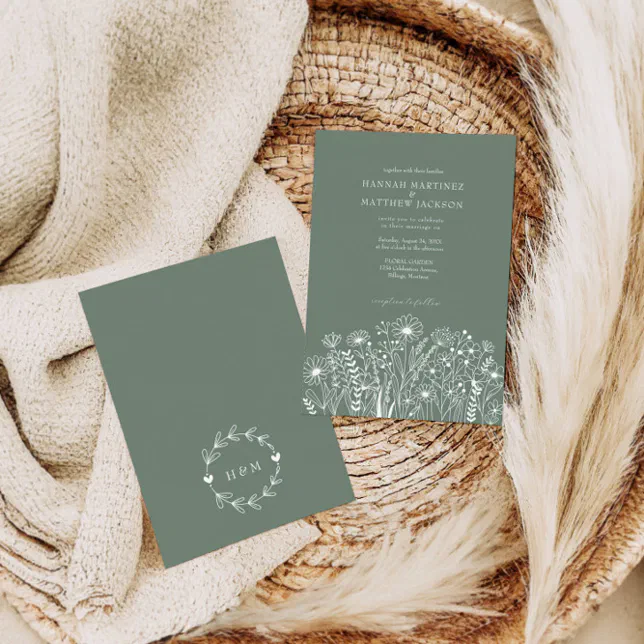 Elegant Modern Wildflowers Sage Green Wedding Invitation | Zazzle