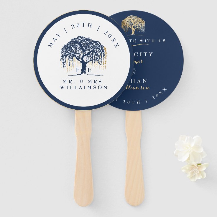 Elegant Modern Willow Tree Navy Blue Gold Wedding Hand Fan | Zazzle