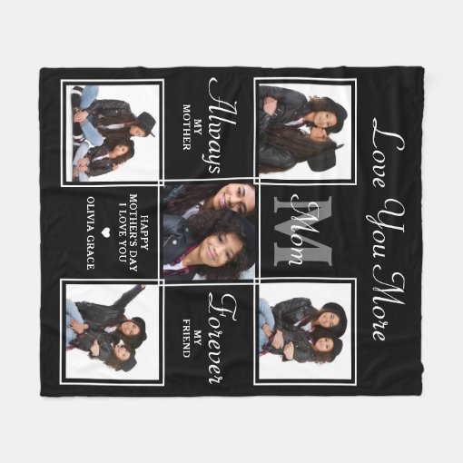 Elegant MOM 5 Photo Collage Monogram Unique Mom Fleece Blanket | Zazzle