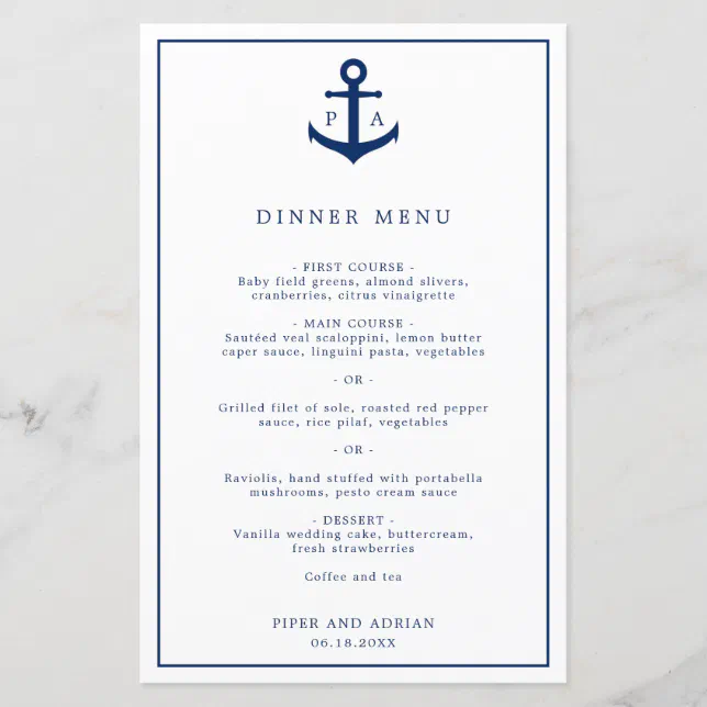 Elegant Monogram Anchor Nautical Wedding Menu | Zazzle