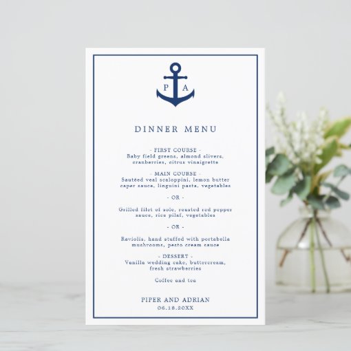 Elegant Monogram Anchor Nautical Wedding Menu | Zazzle