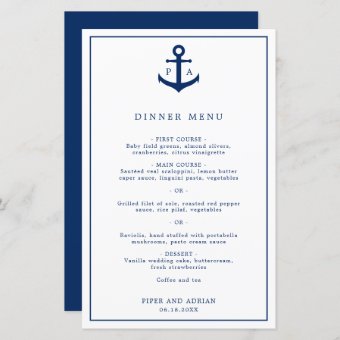 Elegant Monogram Anchor Nautical Wedding Menu | Zazzle