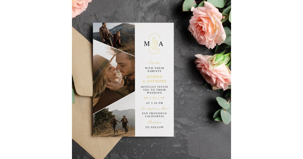Elegant Monogram Asymmetrical Photos Wedding Gold Foil Invitation | Zazzle