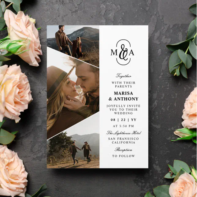 Elegant Monogram Asymmetrical Photos Wedding Invitation | Zazzle