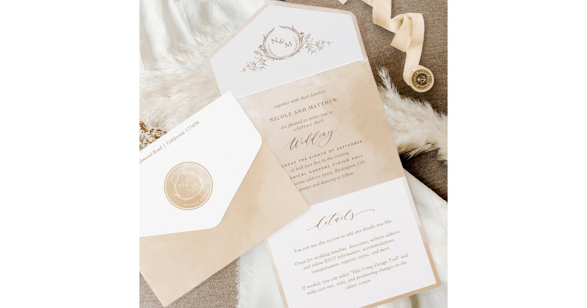 Elegant Monogram Beige Cream Watercolor Wedding All In One Invitation ...