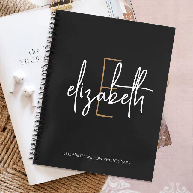 Elegant Monogram Black Gold Script Business School Notebook | Zazzle