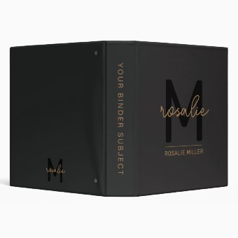 Elegant Monogram Black Gold Script Office School 3 Ring Binder | Zazzle